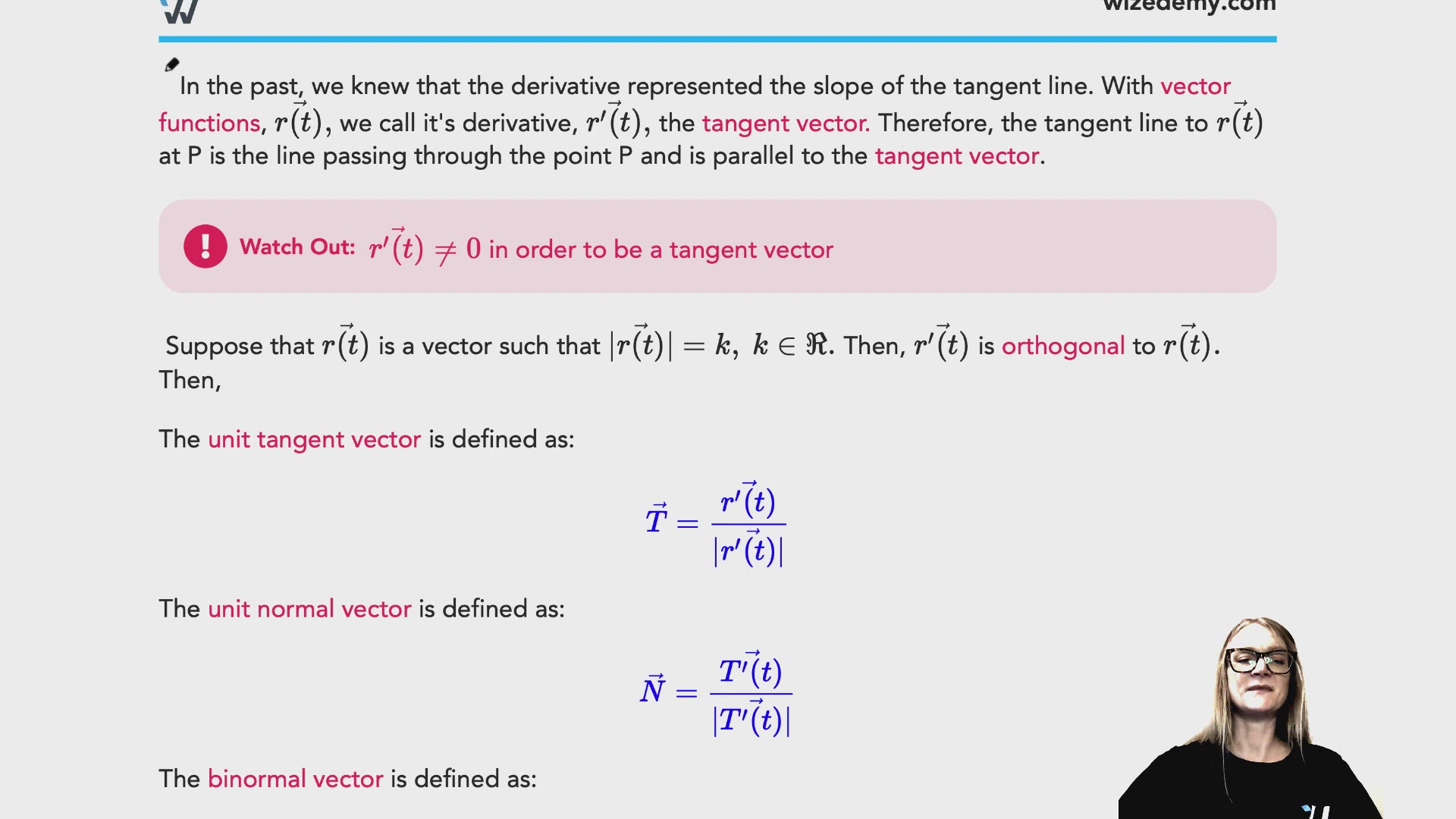 Tangent, Normal, Binormal Vectors - Applications of Vector Functions - Wize University Calculus ...