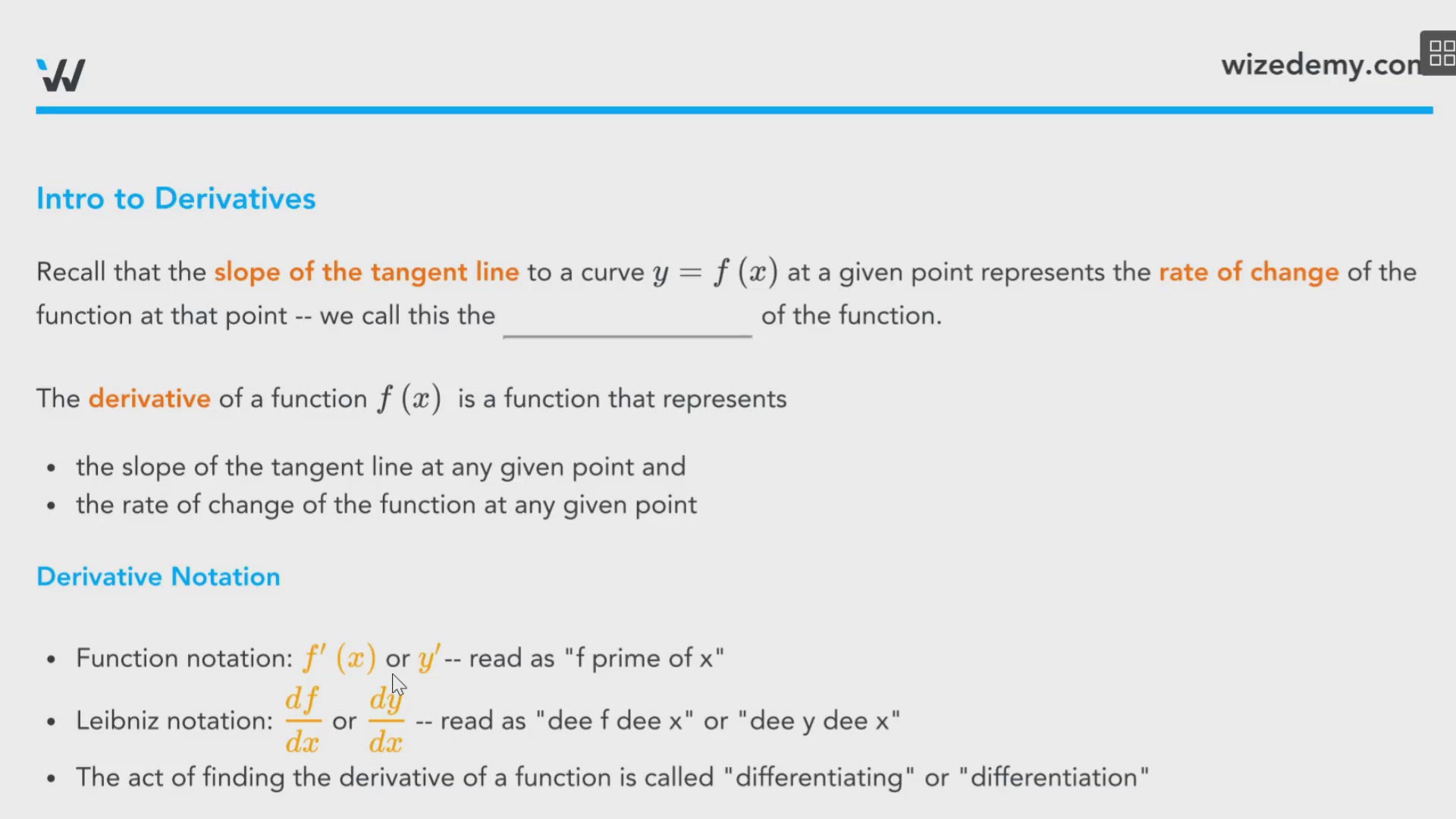 Introduction to Derivatives & Differentiability - Wize High School ...