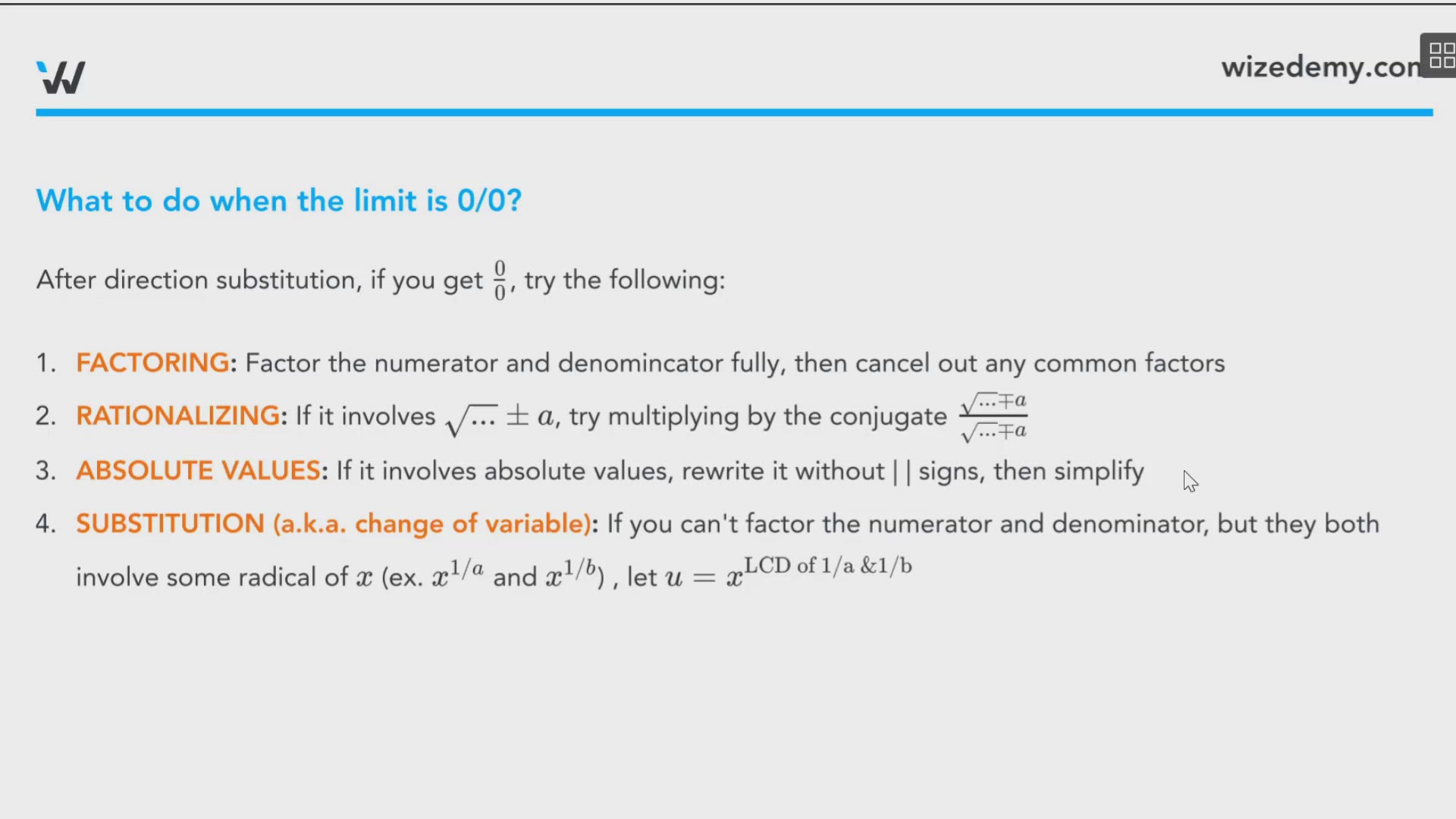 Limits of the Form $\frac{0}{0}$ - Wize High School Grade 12 Calculus ...