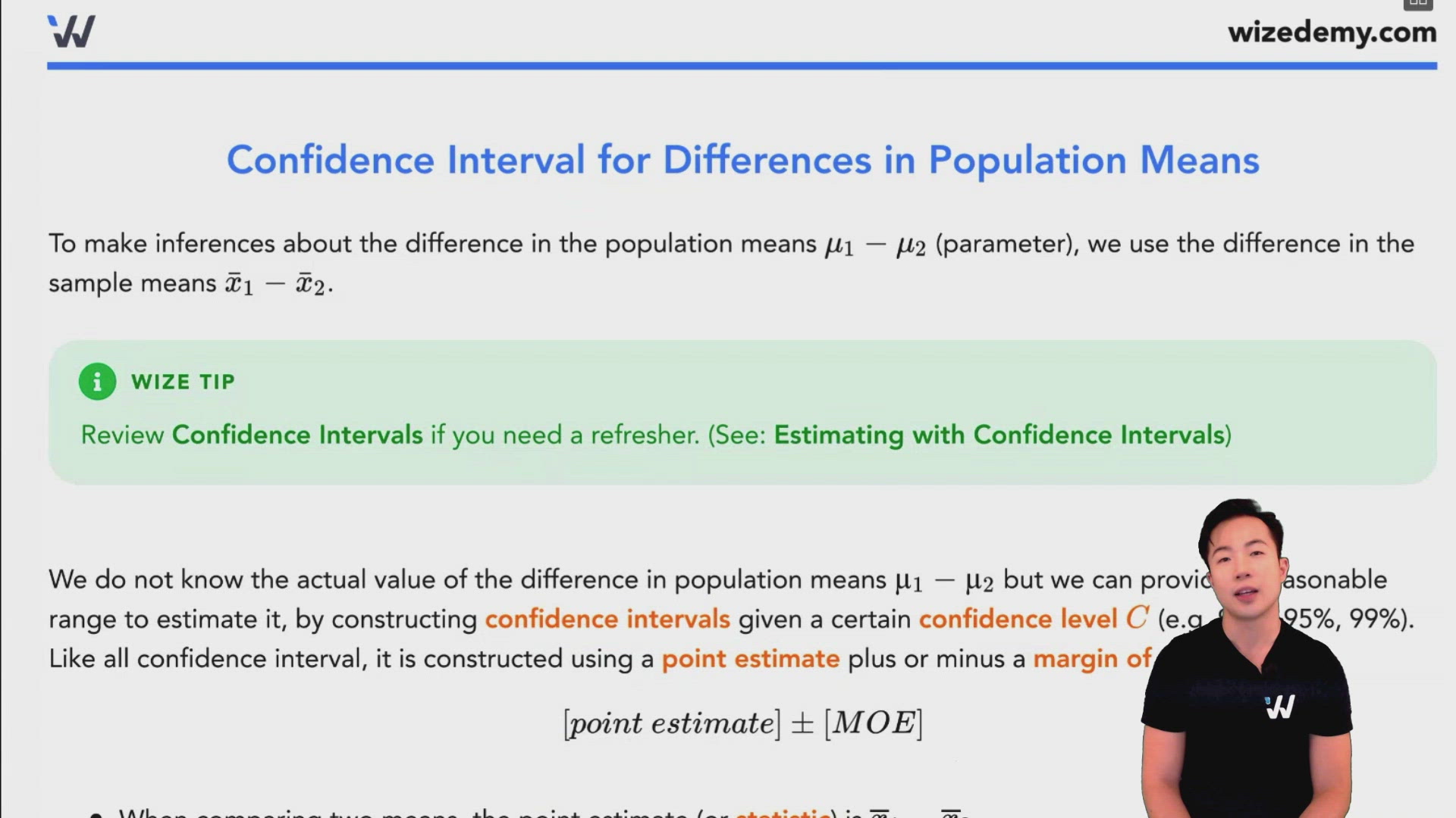 Confidence Interval for Two Independent Means - Wize University Statistics Textbook | Wizeprep