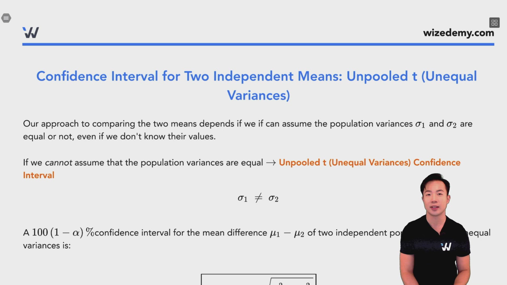 Confidence Interval Unpooled t - Wize University Statistics Textbook | Wizeprep