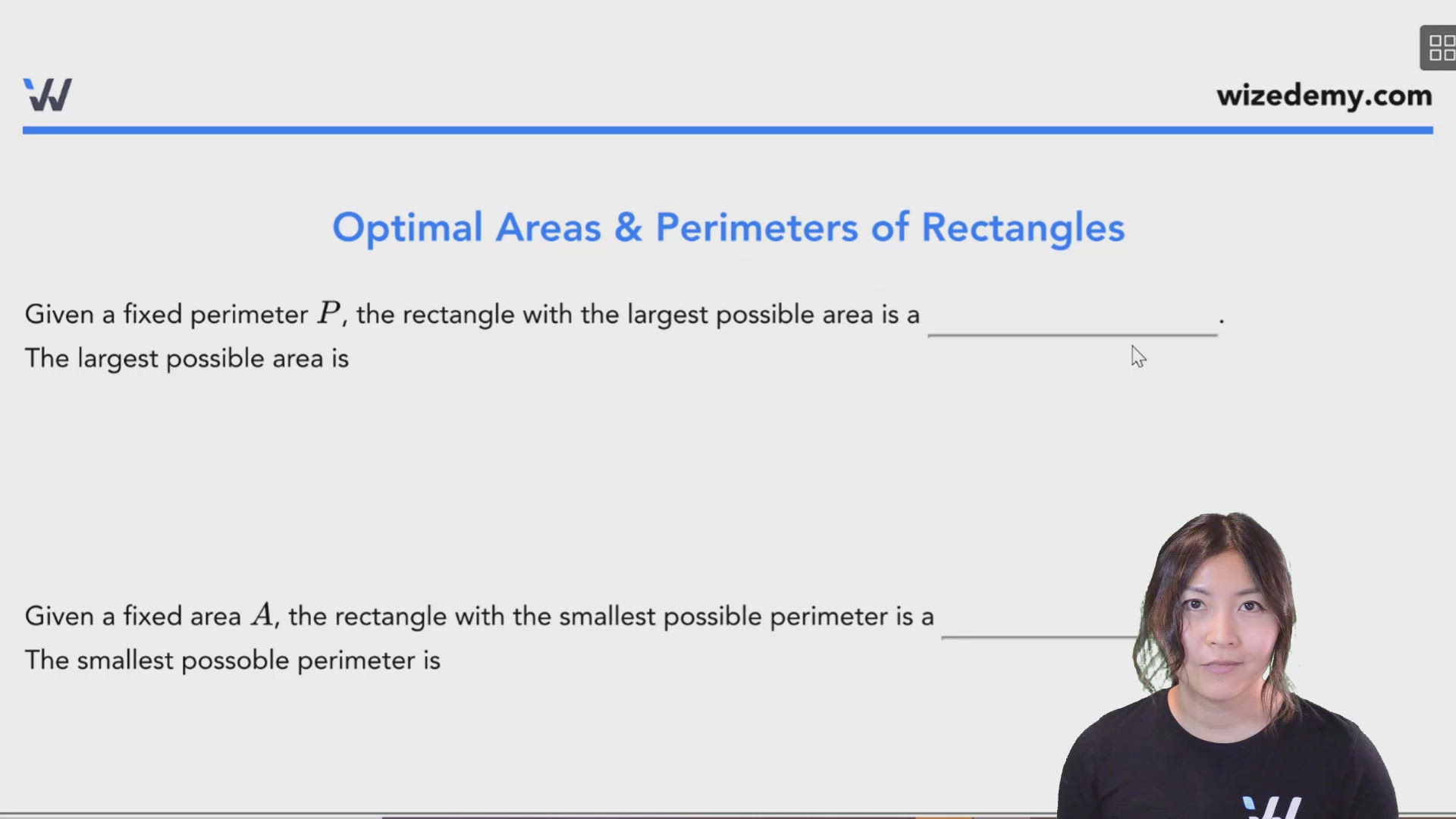 Optimal Area & Perimeter of a Rectangle - Wize High School Grade 9 Math ...