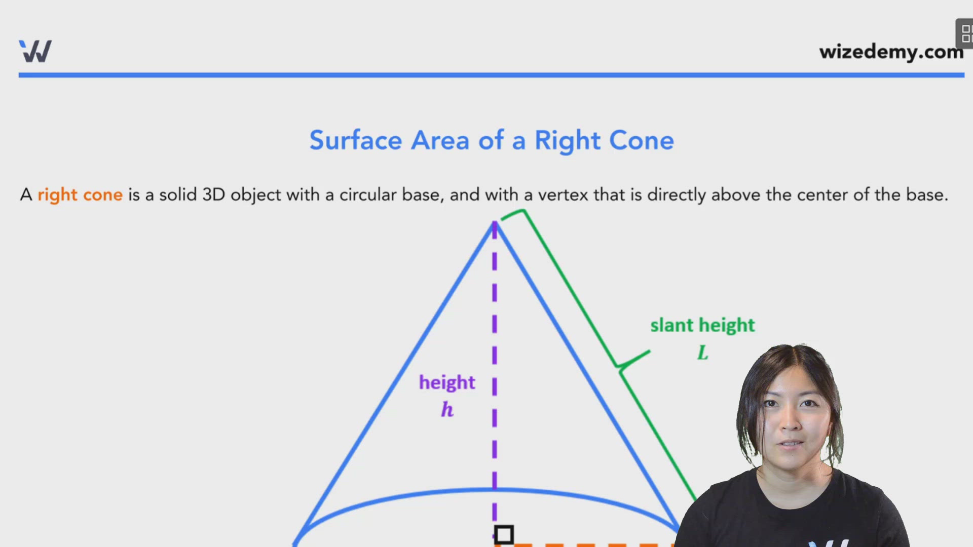 Surface Area & Volume of a Right Cone - Wize High School Grade 9 Math ...