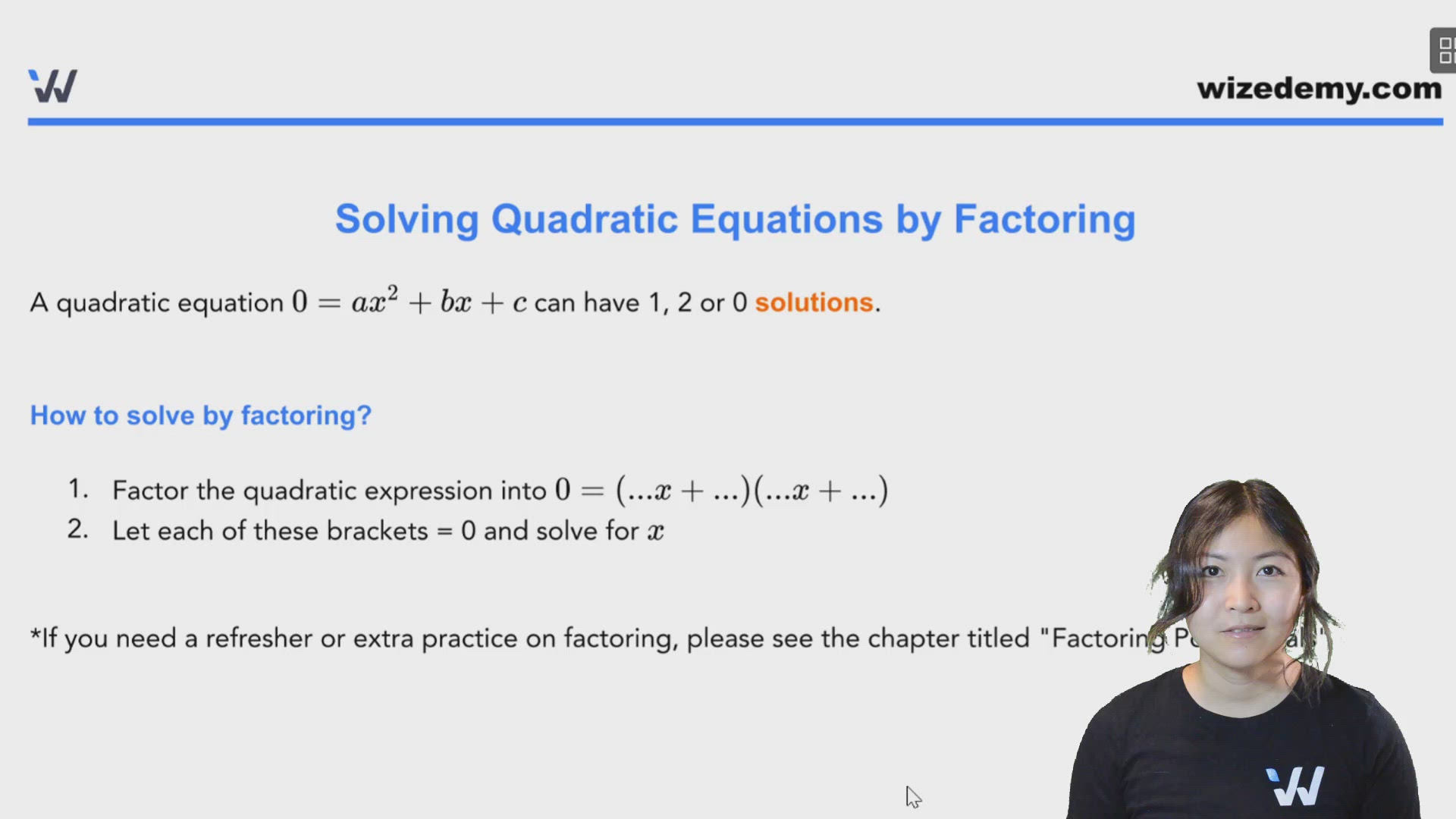Solving Quadratic Equations by Factoring - Wize High School Grade 10 ...