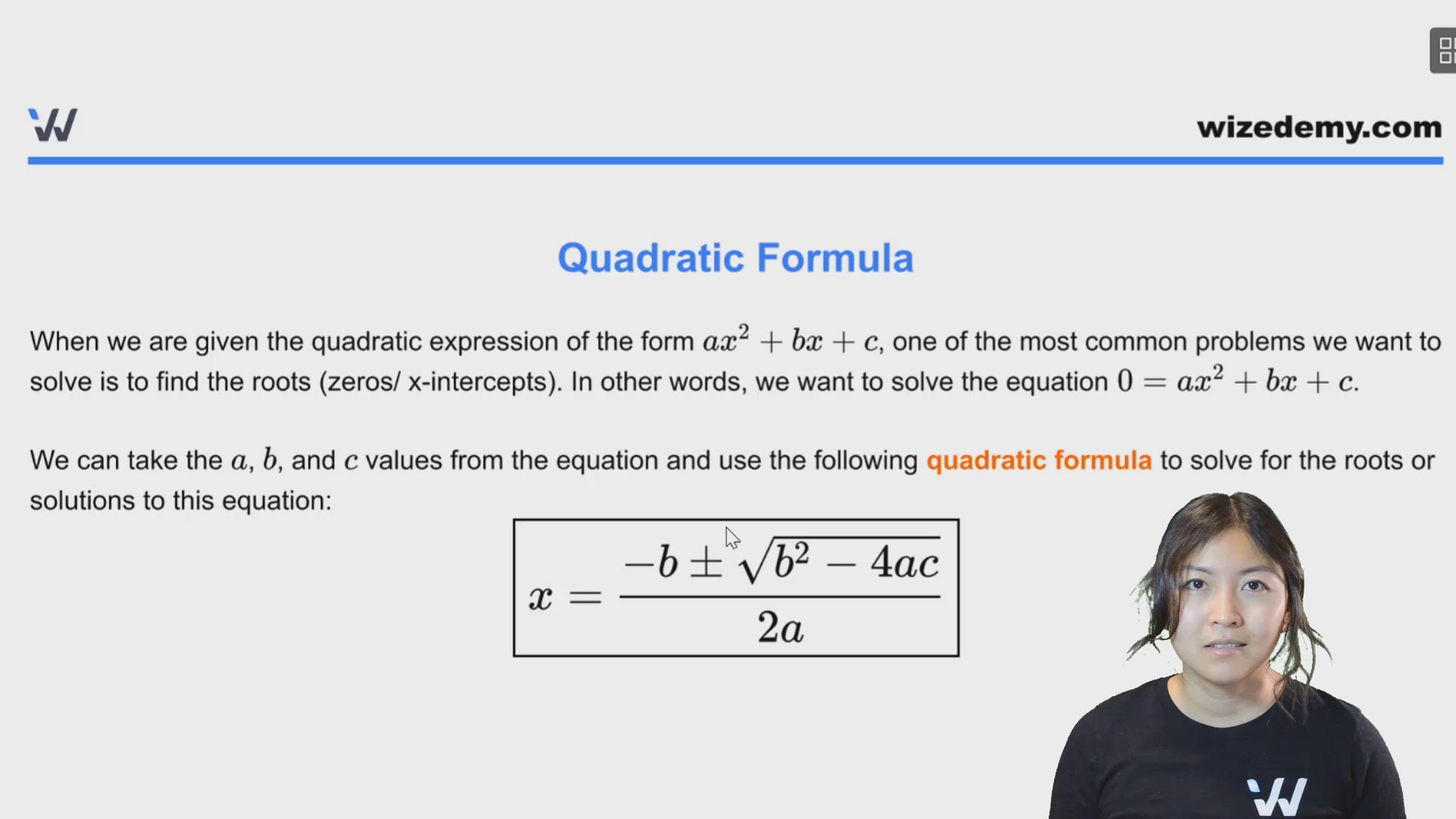 Solving Quadratic Equations Using the Quadratic Formula - Wize High ...