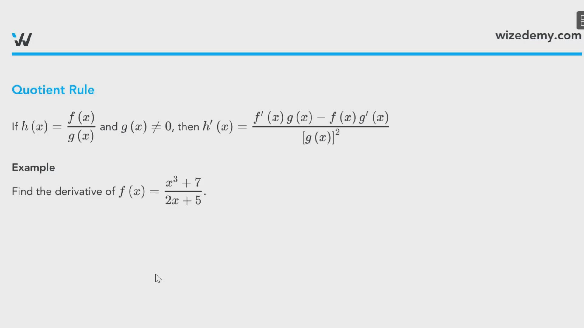 Quotient Rule - Wize High School Grade 12 Calculus Textbook | Wizeprep